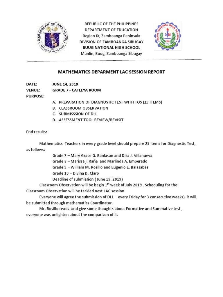 Mathematics Deparment Lac Session Report: Buug National High School ...