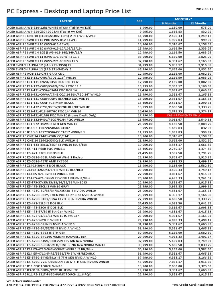 PC Express Desktop and Laptop Pricelist April 2017 | PDF | Personal Computers | Personal Computing