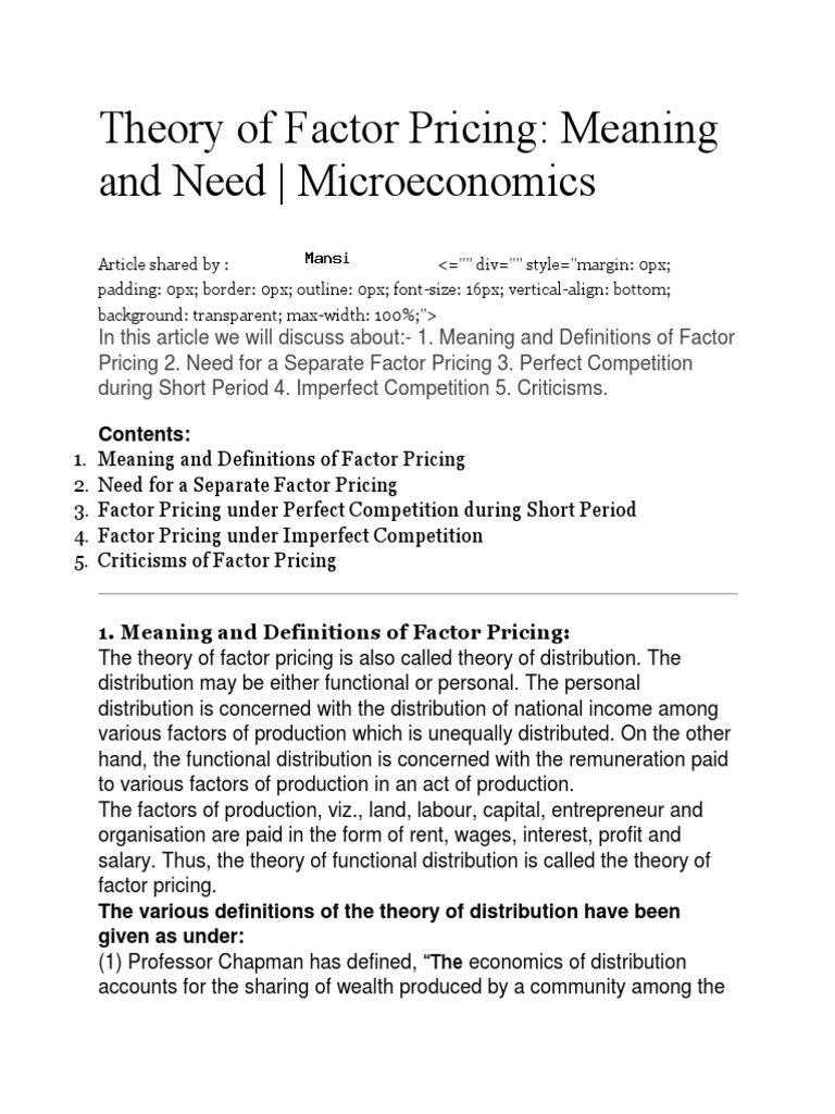 Theory of Factor Pricing | PDF | Labour Economics | Supply And Demand