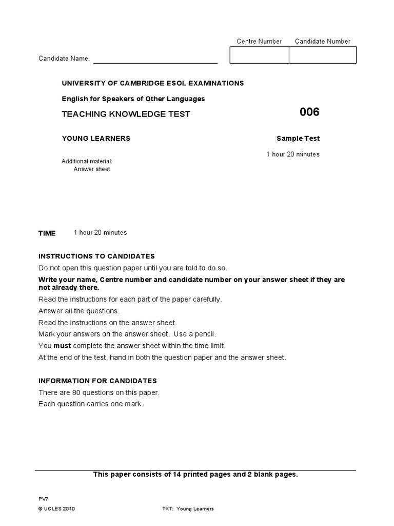 TKT Yl Sample Test PDF | PDF | Question | English As A Second Or ...