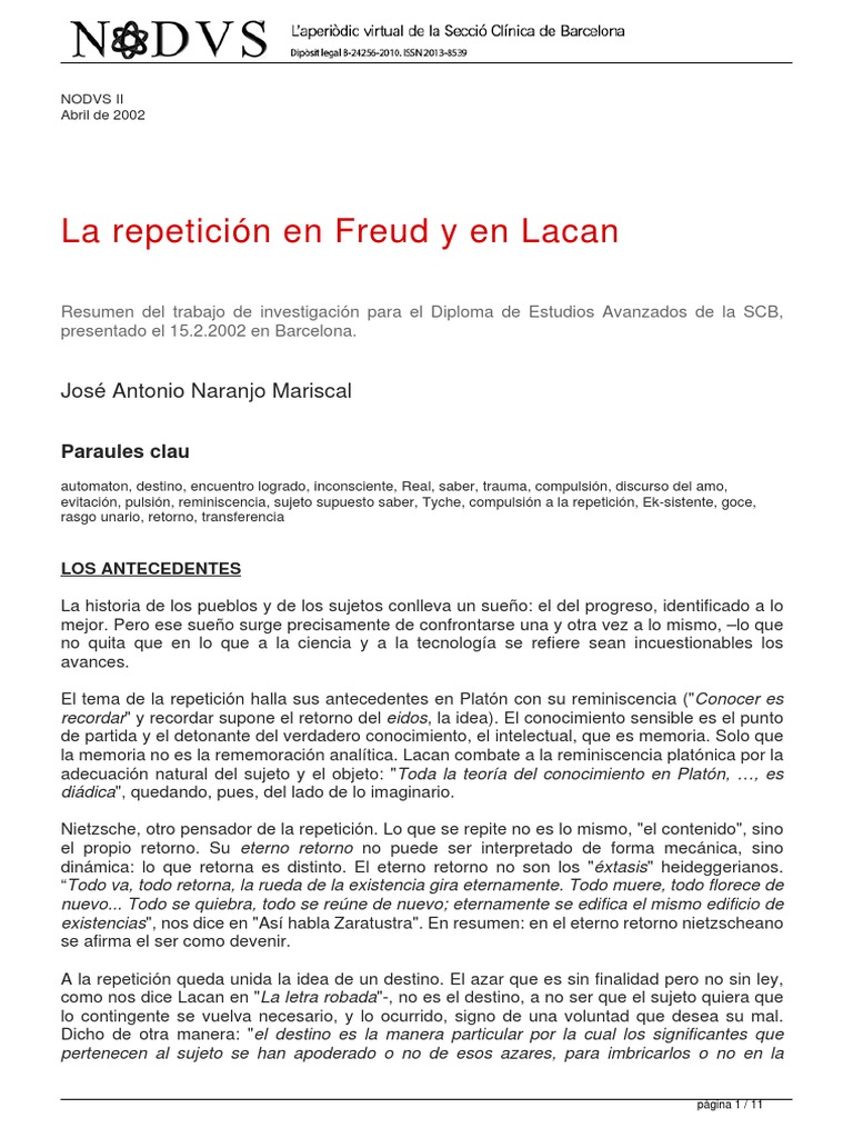 Repetición en Freud y Lacan | PDF | Jacques Lacan | Mente inconsciente
