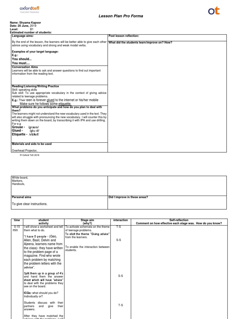 Lesson Plan Pro Forma: You Should... You Must... | PDF | Vocabulary ...