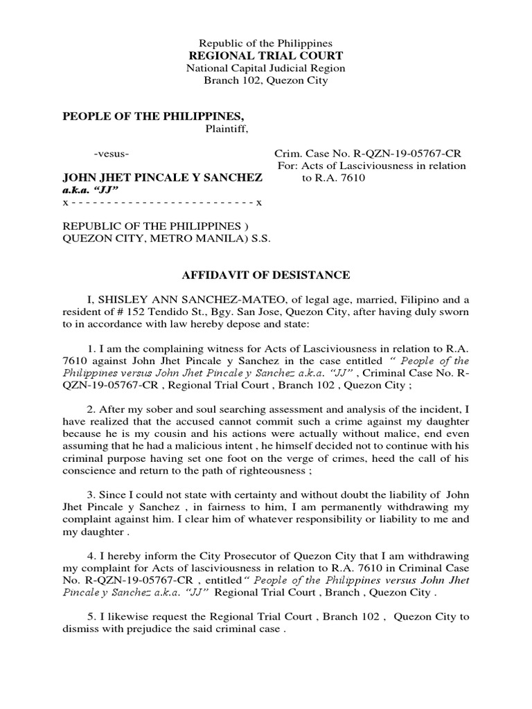 Affidavit of Desistance | PDF | Prosecutor | Complaint