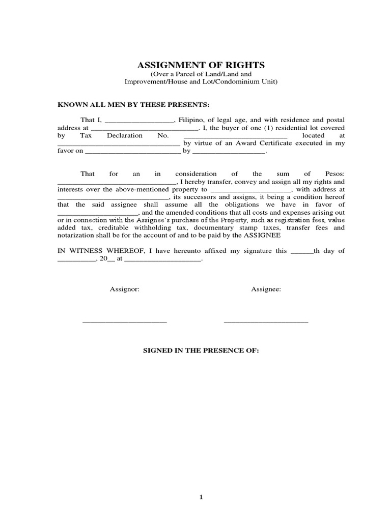 Assignment of Rights Sample | PDF | Assignment (Law) | Land Law