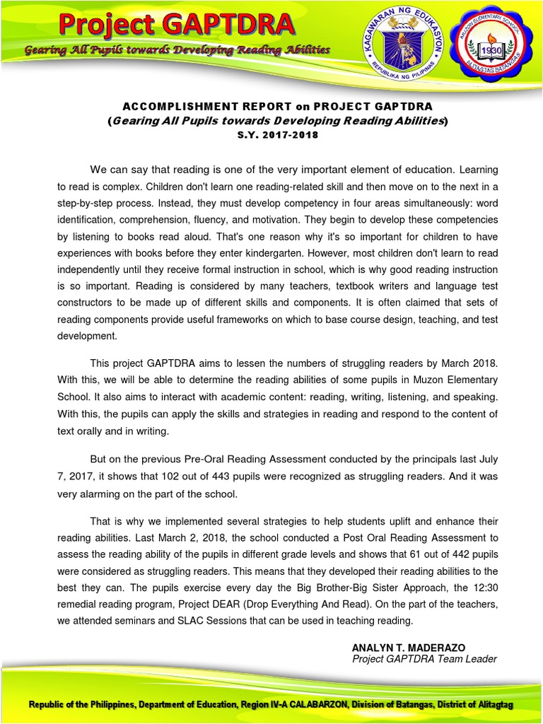 Accomplishment Report On Reading | PDF | Communication | Behavior Modification