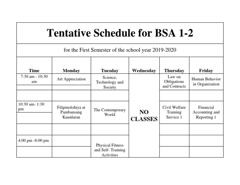 Tentative Schedule For BSA 1 | PDF