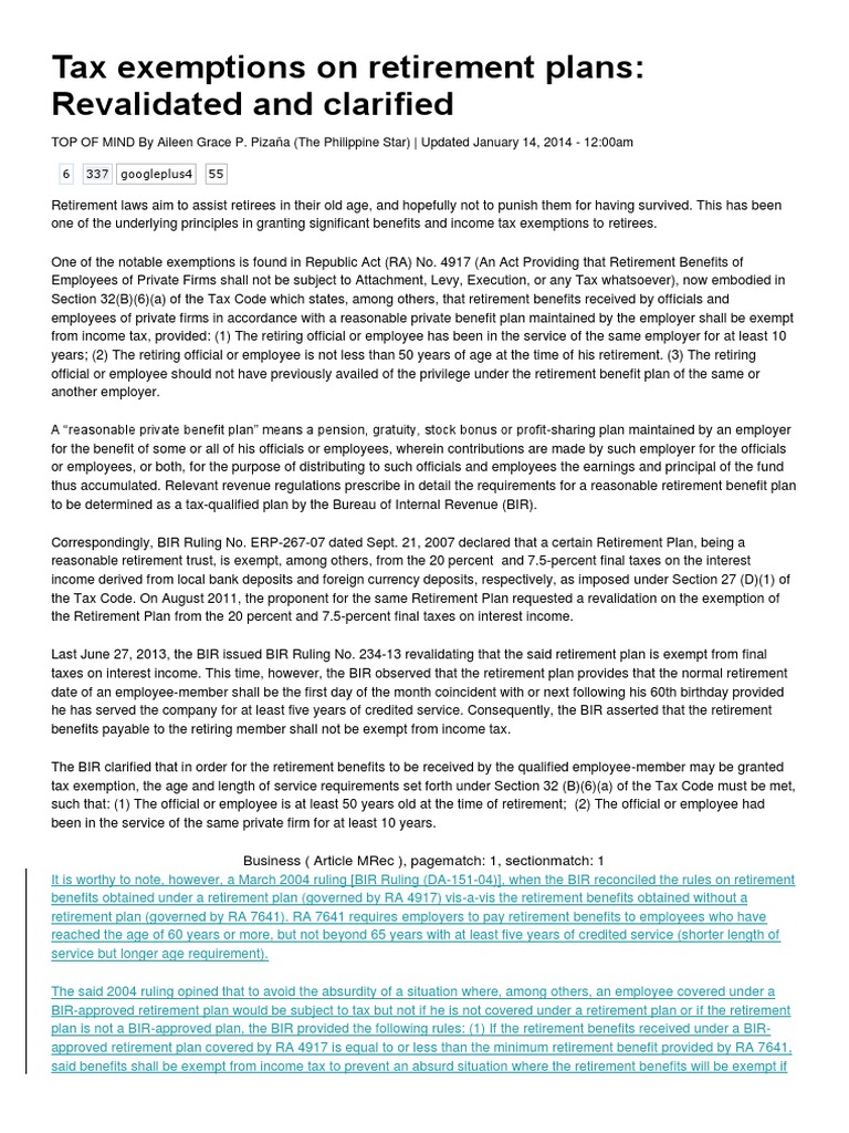 Tax Exemptions On Retirement Plans | PDF | Pension | Taxes