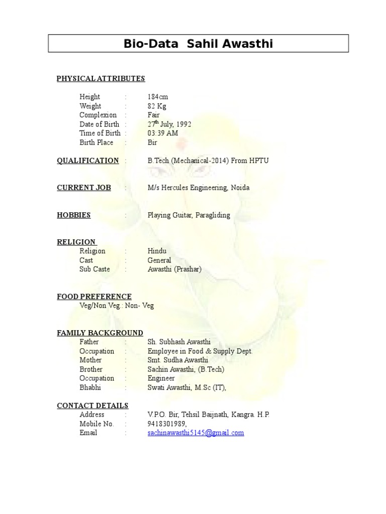 Wedding Biodata Format 1 | PDF