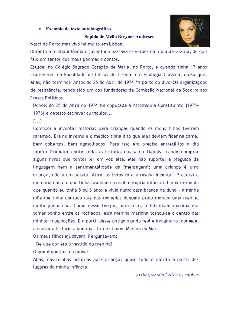 Exemplo de Autobiografia Sophia de Mello Breyner Andresen Blog | PDF