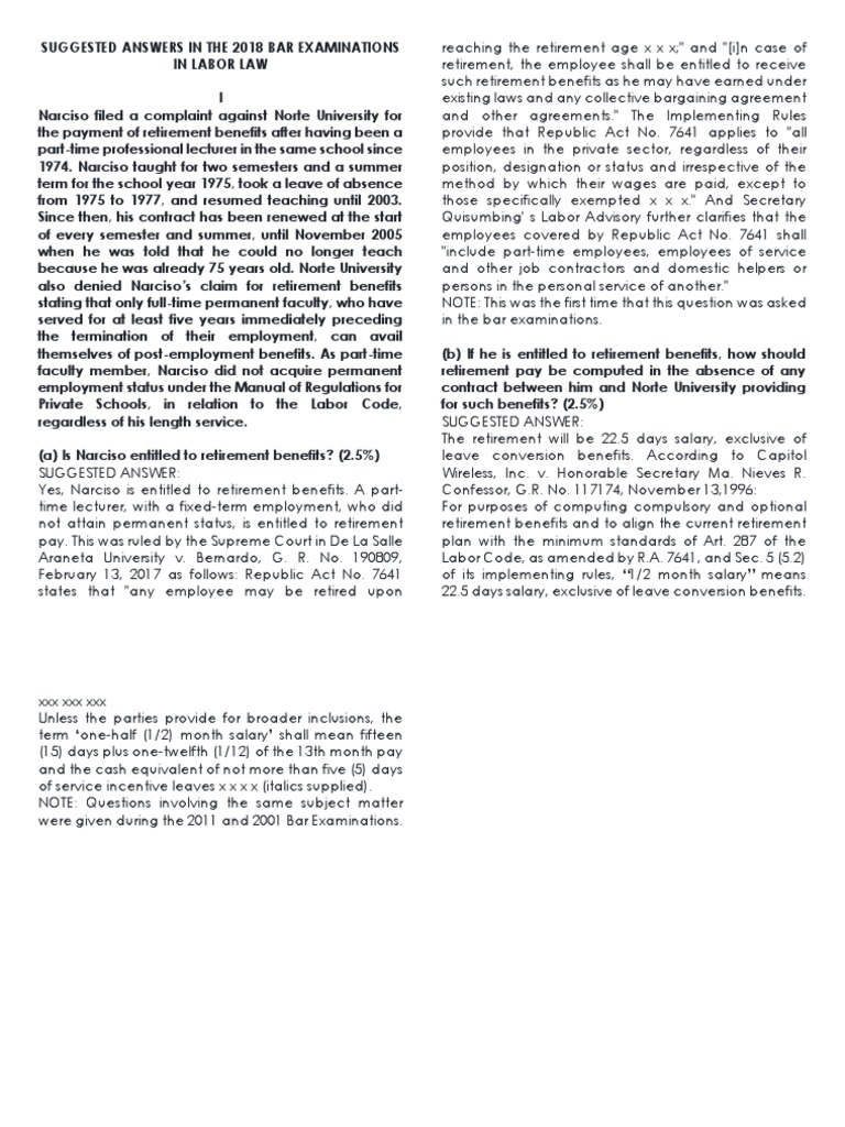 2018 Labor Law Bar Answers | PDF | Employee Benefits | Employment