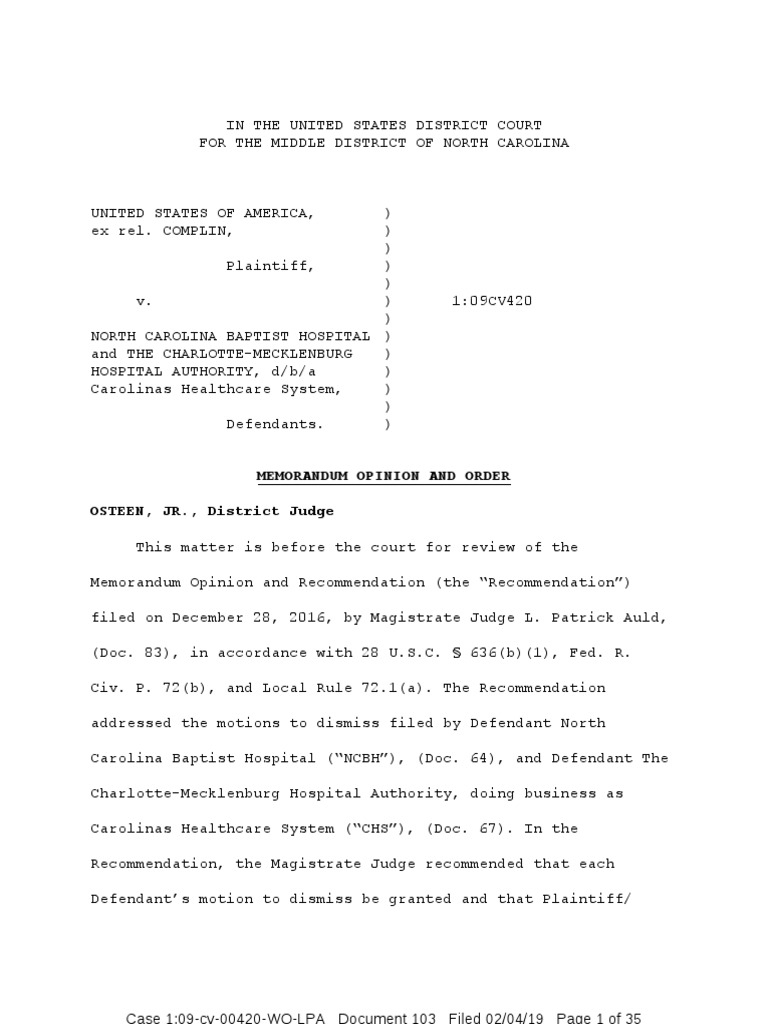 Memorandum Opinion and Order OSTEEN, JR., District Judge | PDF | False ...