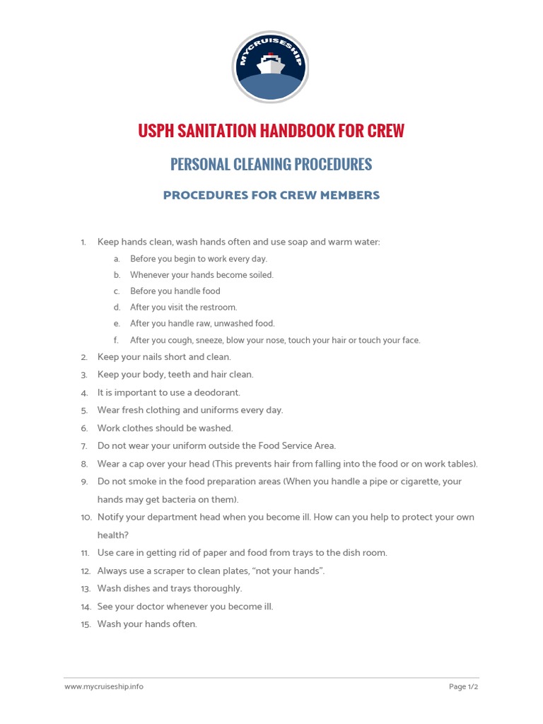 Usph Sanitation Handbook For Crew: Personal Cleaning Procedures | PDF ...