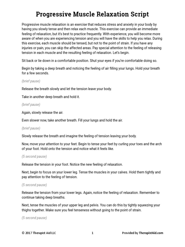 Progressive Muscle Relaxation Script | PDF | Relaxation (Psychology ...