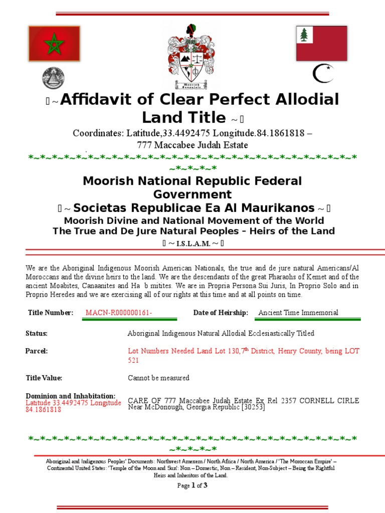 Affidavit Of Clear Perfect Allodial Land Title For PDF Government 