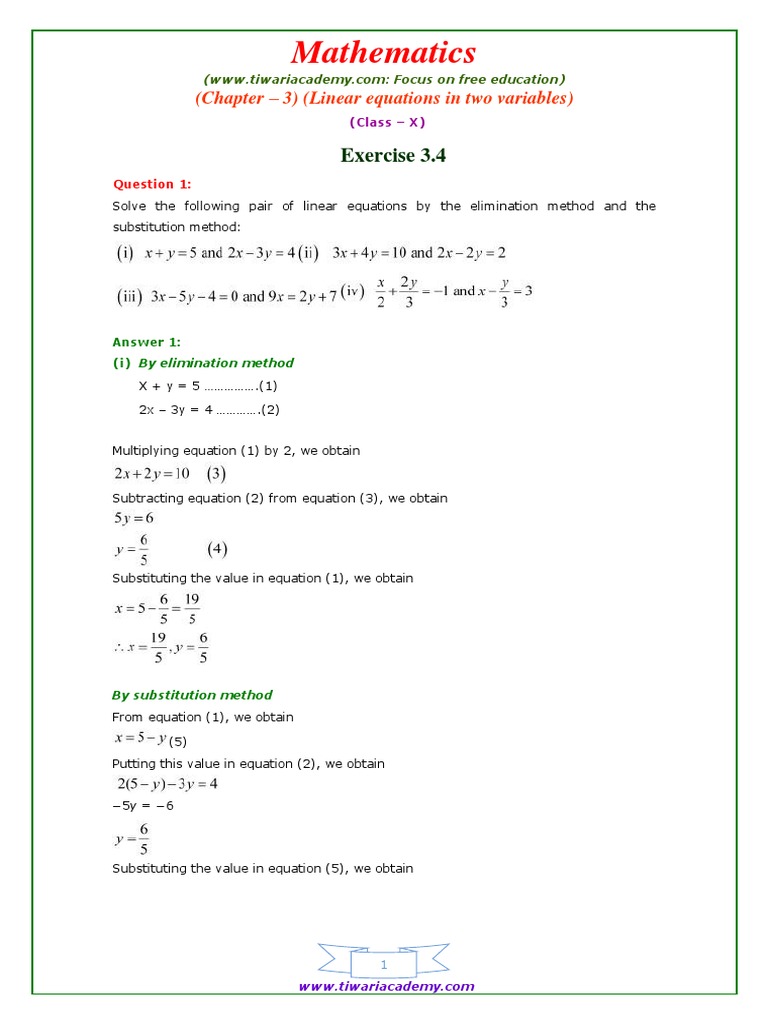 10 Maths NcertSolutions Chapter 3 4 | PDF | System Of Linear Equations | Equations