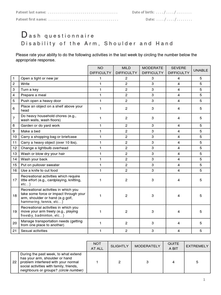 DASH Questionnaire Disability Arm Shoulder Hand | PDF