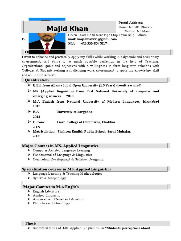 11-Majid Khan - Resume | PDF | Linguistics | Academia