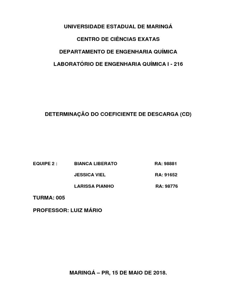 Coeficiente de Descarga em Orifícios | PDF | Mecânica dos fluidos | Descarga (hidrologia)