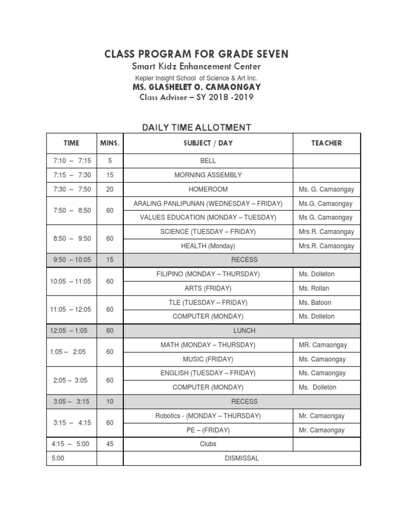 Class Program For Grade Seven | PDF