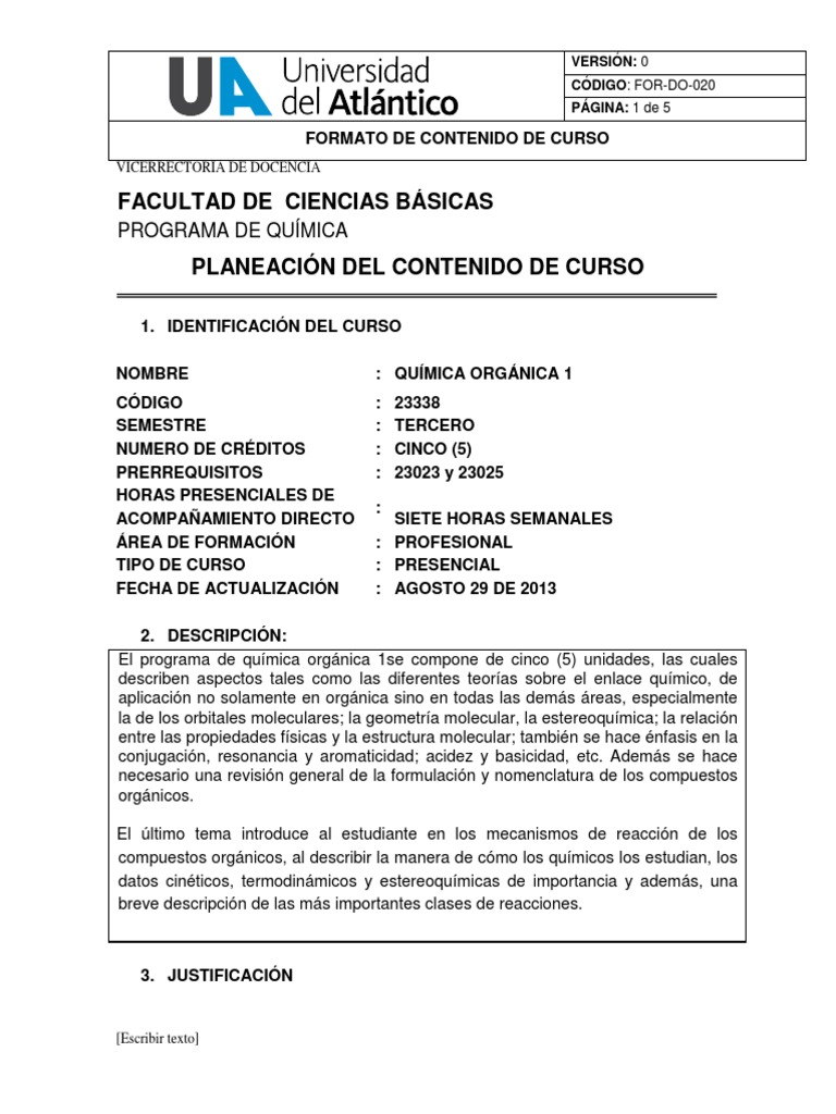 3carta Descriptiva Quimica Organica 1 v3.0 | PDF | Moléculas | Isómero