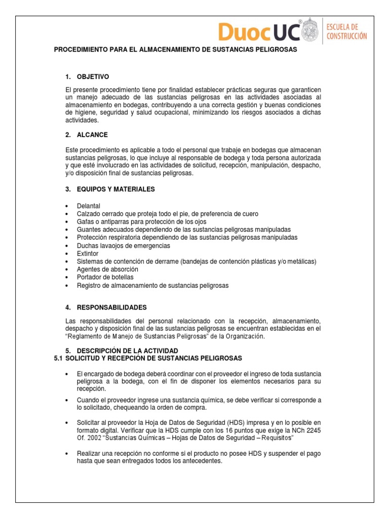 Procedimiento para El Almacenamiento de Sustancias Peligrosas Becerra | PDF | Residuos | Naturaleza