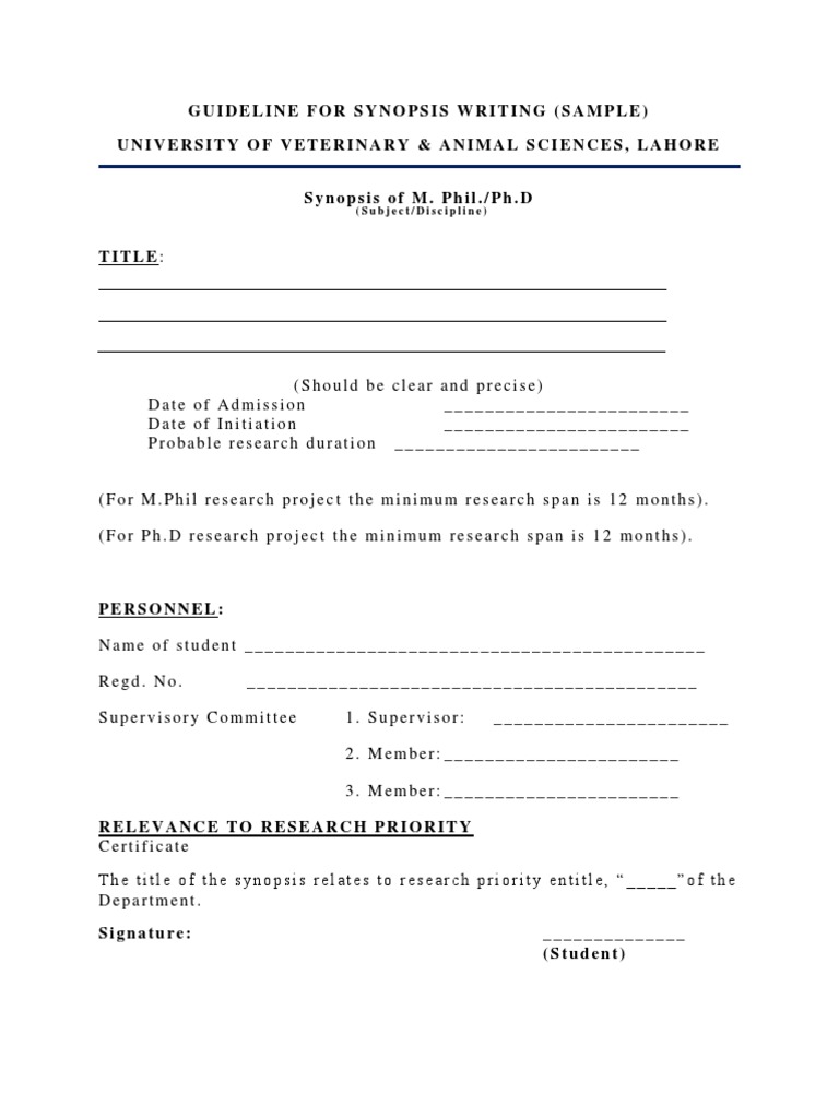 Guideline For Synopsis Writing (Sample) University of Veterinary ...