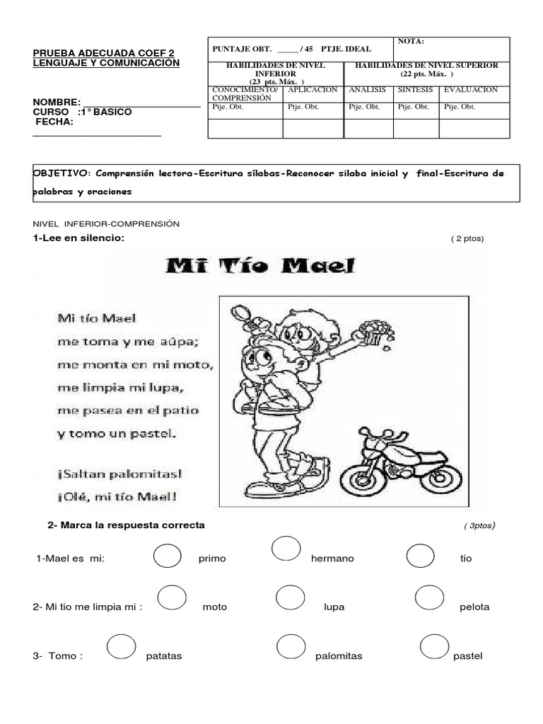 Evaluación de Comprensión Lectora 1° Básico | PDF
