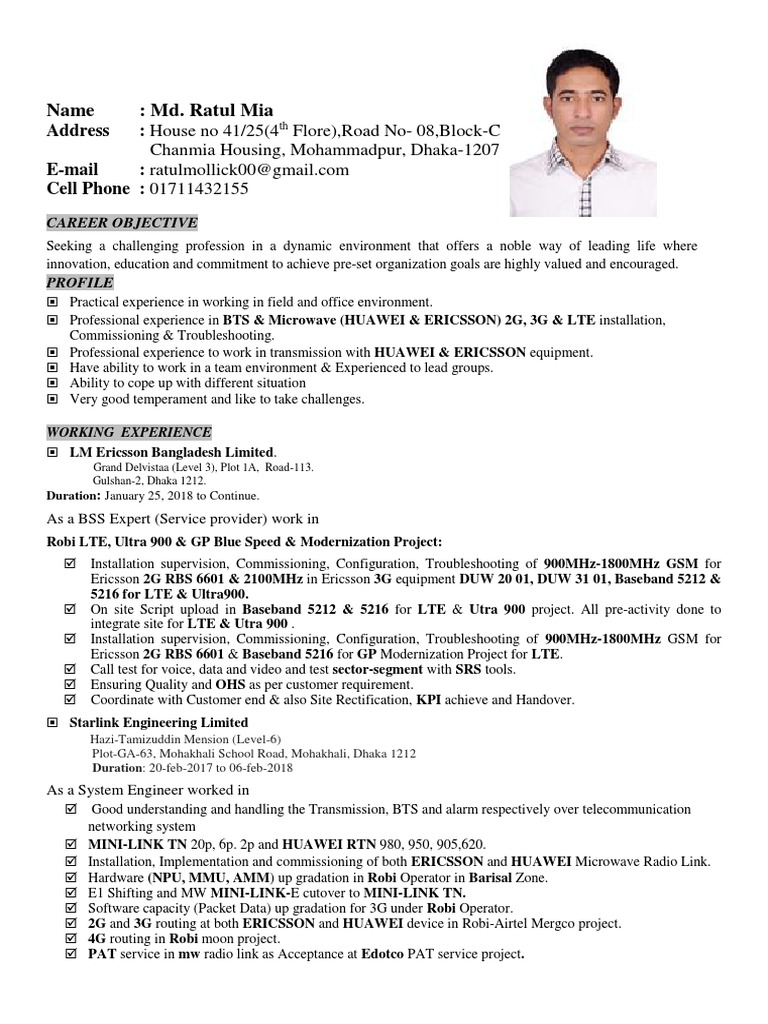 Name: Md. Ratul Mia: Address: House No 41/25 (4 E-Mail Cell Phone: 01711432155 | PDF | Ericsson ...