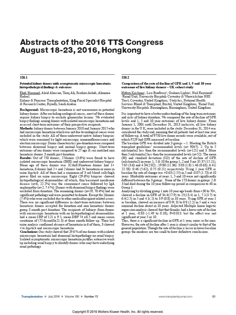 Abstracts of The 2016 TTS Congress | PDF | Kidney Transplantation ...