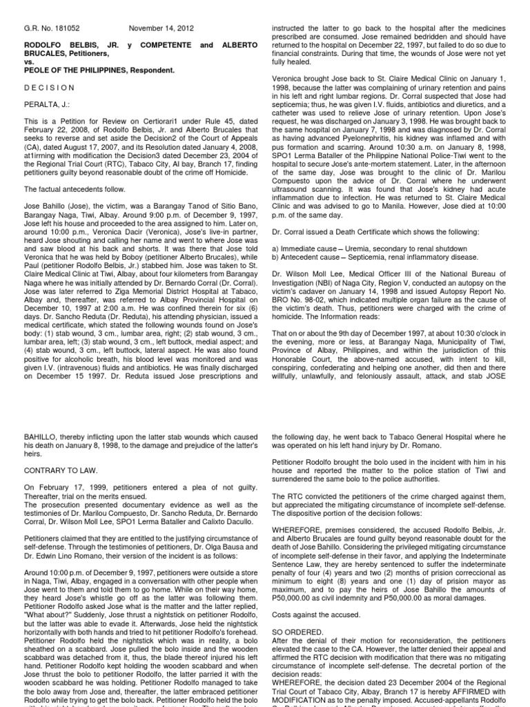 Belbis Vs People (2012) Proximate Cause | PDF | Mitigating Factor | Death