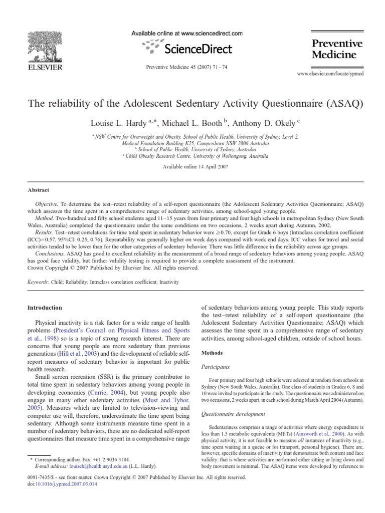 The Reliability of The Adolescent Sedentary Activity Questionnaire ...