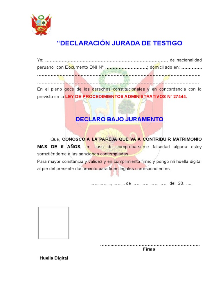 Declaracion Jurada de Testigo | Instituciones sociales | Ciencias sociales Declaracion Jurada de Testigo | Instituciones sociales | Ciencias sociales