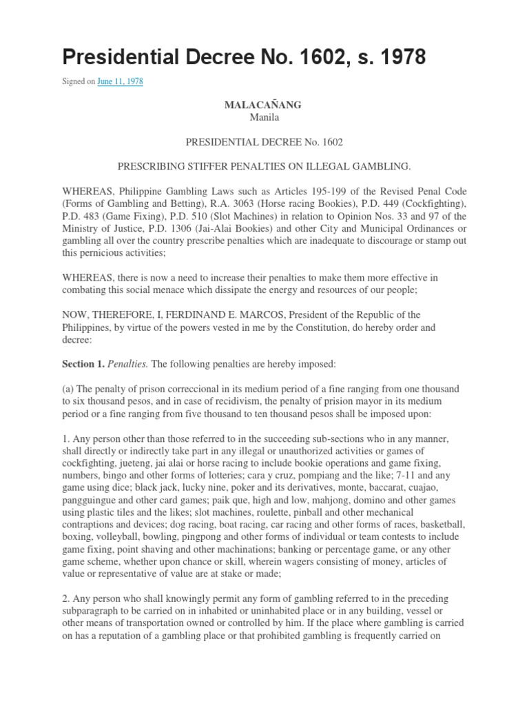 Presidential Decree No. 1602 | PDF | Gambling | Security Guard