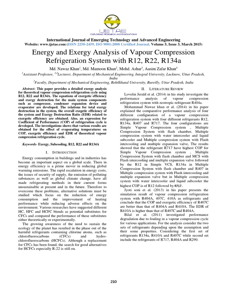 Energy and Exergy Analysis of Vapour Compression Refrigeration System With R12, R22, R134a PDF ...