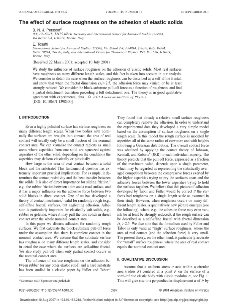 The Effect Of Surface Roughness On The Adhesion Of Elastic Solids Pdf Adhesion Surface