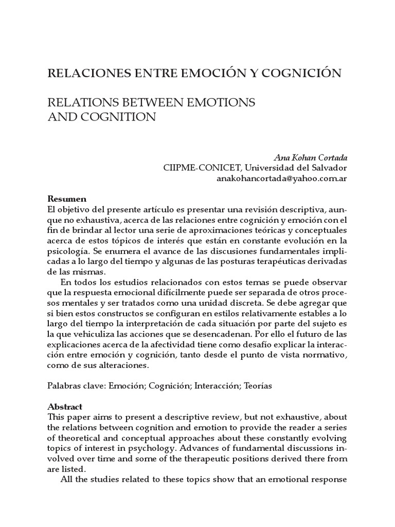 Emoción Y Cognición Pdf Las Emociones Memoria
