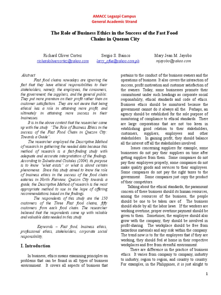 The Role of Business Ethics in The Success of The Fast Food Chains in ...