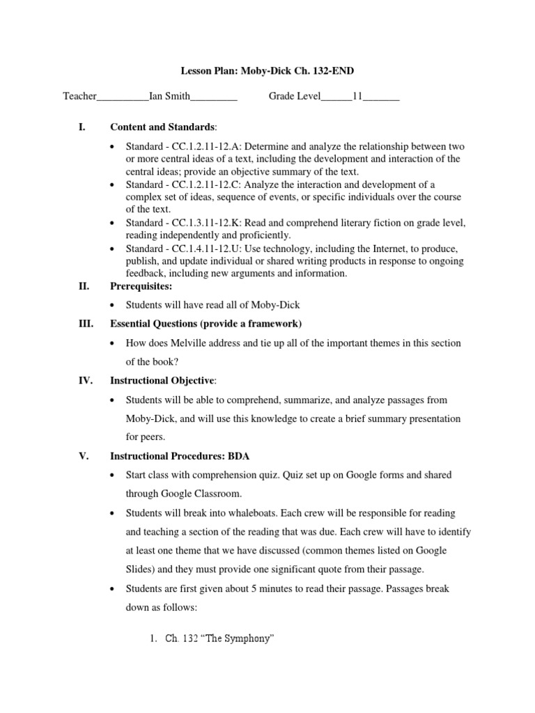 Moby-Dick Lesson Plan: Chapters 132-End | PDF | Educational Assessment ...