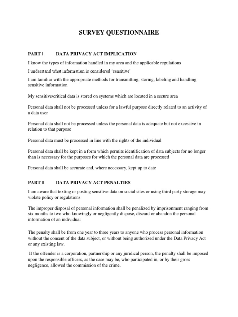 Survey Questionnaire: Part - Data Privacy Act Implication | PDF ...