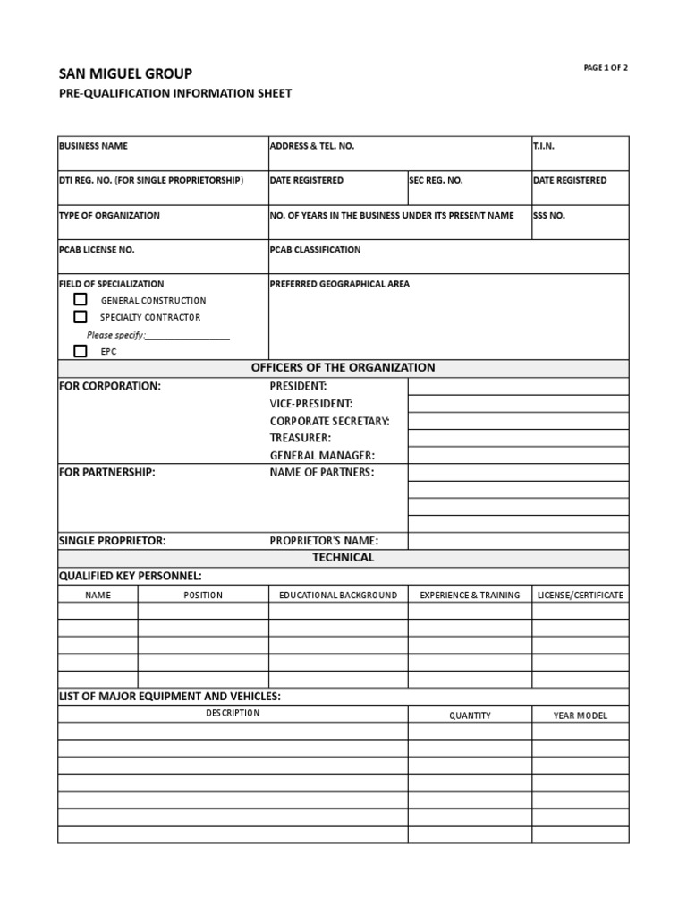 San Miguel Group Pre-Qualification Form | PDF | Sole Proprietorship ...