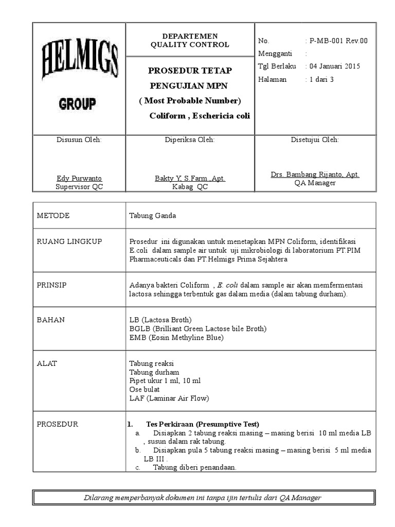 MB001 Uji MPN Coliform | PDF