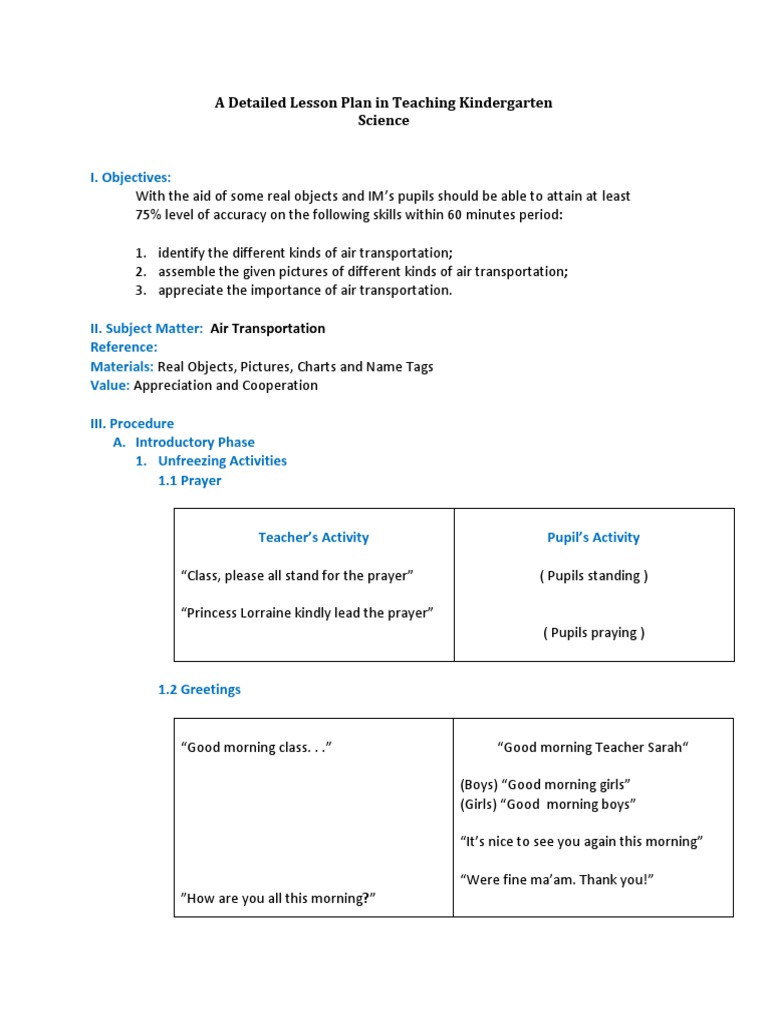 I. Objectives:: A Detailed Lesson Plan in Teaching Kindergarten Science ...