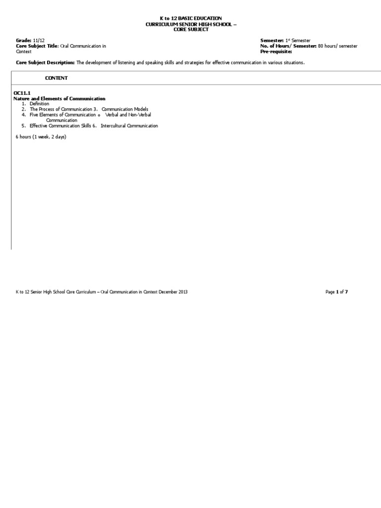 SHS Core Oral Communication CG | PDF | Curriculum | Communication