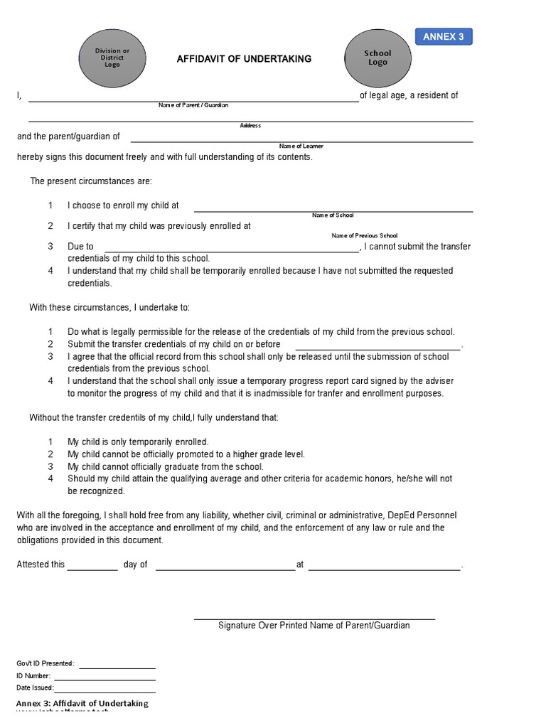 Affidavit of Undertaking Annex 2 | PDF | Credential | Virtue