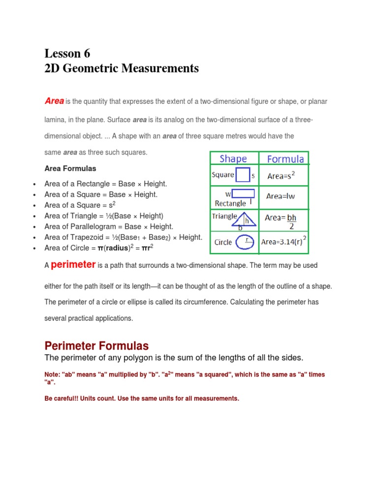 Lesson 6 - 2D Measurements | PDF | Area | Geometric Shapes