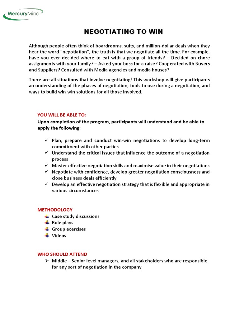 Negotiation Skills To Win - Outline | PDF | Bargaining | Negotiation