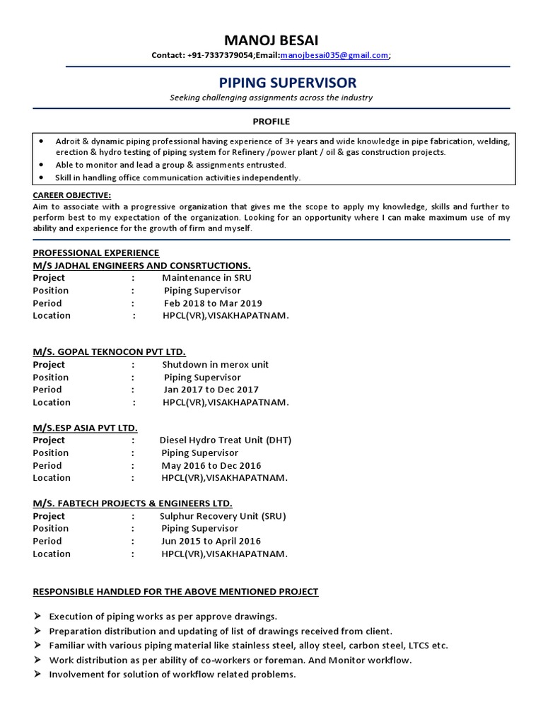 Piping Supervisor: Manoj Besai | PDF | Pipe (Fluid Conveyance) | Steel