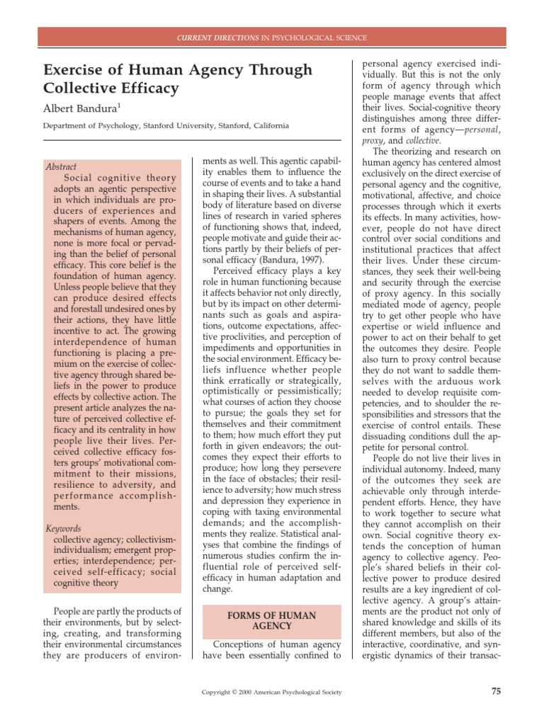Exercise of Human Agency Through Collective Efficacy: Albert Bandura ...