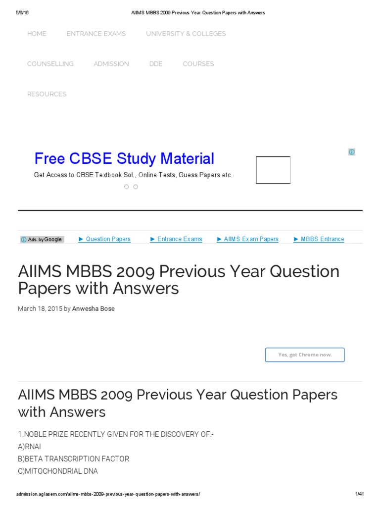 AIIMS MBBS 2009 Previous Year Question Papers With Answers | Download ...