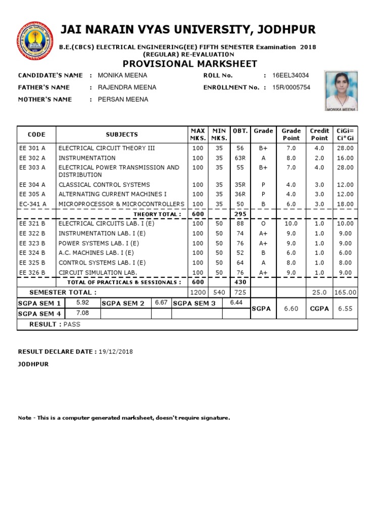 Jai Narain Vyas University, Jodhpur: Provisional Marksheet | PDF | Science And Technology ...